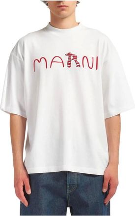 Marni Homme, Tops, Blanc, Taille: 2XL T-shirt &agrave; logo brod&eacute;