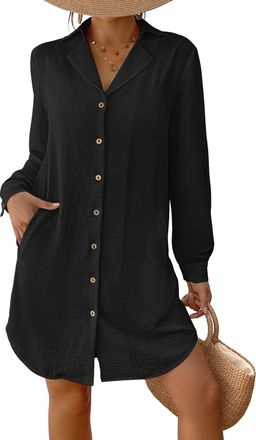 Bsubseach Badeanzug Coverup f&uuml;r Frauen Lange &Auml;rmel Badeanzug Bluse Button Down Shirt Kleid Strand Urlaub Kleidung Schwarz XXL