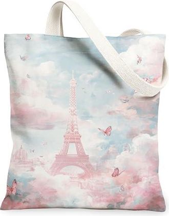 Generic Sac fourre-tout en toile motif Paris Tower - Motif floral - R&eacute;utilisables - Printemps - L&eacute;gers - Lavables, p&ecirc;che, 13x15 Inch