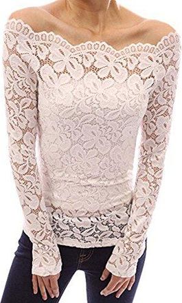 Minetom Femme Sexy T-Shirt Floral en Dentelle Manches Longues Elégant Tops Blouses Shirt Off Épaules Chemisiers Slim Haut (38, Blanc)