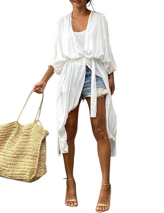 Bsubseach Frauen Lange Strand Badeanzug Cover Ups f&uuml;r Bademode Sexy Bikini Strand Kimono Strickjacke Wei&szlig;