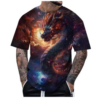 Generic Herren T-Shirt mit Drachen-Motiv, für den Sommer, kurzärmelig, Oberteil mit Tiermotiv, Grafik-Shirt Armbanduhr Alt (Dark Blue, XXL)