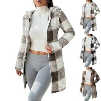 Generic Veste à carreaux pour femme, coupe ajustée, sweat à capuche long, mignon, surdimensionné à fermeture éclair, veste polaire pelucheuse à manches longue