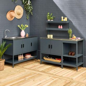 Sweeek Cuisine ext&eacute;rieure 3 modules en acier inoxydable bleu gris