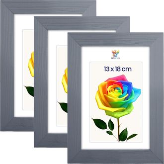 MG Design 3er Set Bilderrahmen 13 x 18 cm - Fotorahmen mit Grau Echtholzrahmen und bruchsicherem Acrylglas, Hoch & Quer zum Aufh&auml;ngen, zum Aufstellen