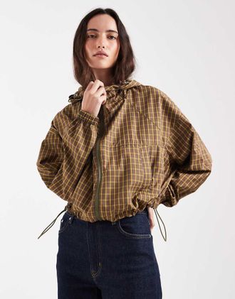 Asos Bomberjacke in Gr&uuml;n und Blau kariert mit Kapuze und Ballonsaum-Brown