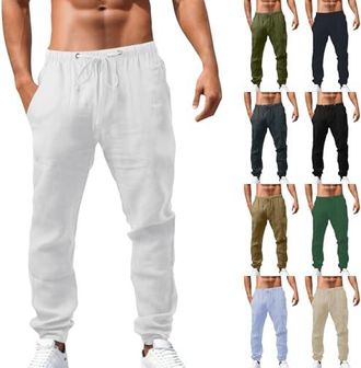 Generic Pantalon large en lin pour homme - Pantalon l&eacute;ger en coton avec cordon de serrage &agrave; la taille &eacute;lastique Pantalon respirant Coupe ample Confortable Pan