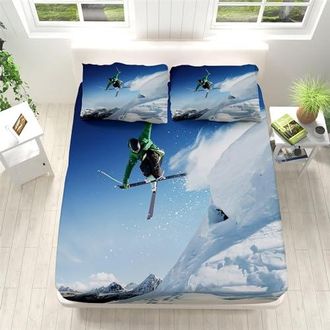 Generic Drap Housse 90x190 Ski, 3D Sport Extr&ecirc;me Drap-Housse 90 x 190, Drap Plat 1 Personne, Drap Housse Enfant avec 2 Taies doreillers pour Matelas &Eacute;pais b37