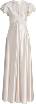 Alberta Ferretti Femme, Robes, Blanc, Taille: 40 FR Robe en satin avec manches en dentelle, col en V, manches courtes, empi&egrave;cements en dentelle, longueur au sol