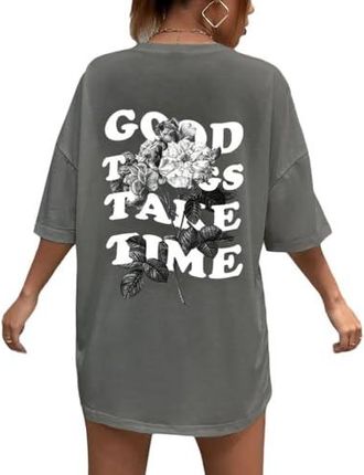 TOMWELL Tee Shirt Femme Col Rond Vintage Lettre Motif Tshirt De Sport Tops Chic Chemise à Manches Courtes Tunique Haut Lâche Ete T-Shirt Oversize C1 Gris Fonc