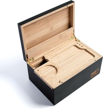 CALI' Gro&szlig;e Aufbewahrungsbox f&uuml;r Raucherzubeh&ouml;r, 100 % nat&uuml;rlicher Bambus, mit ausziehbarem Rolltablett, 27x13x18 cm, Schwarz