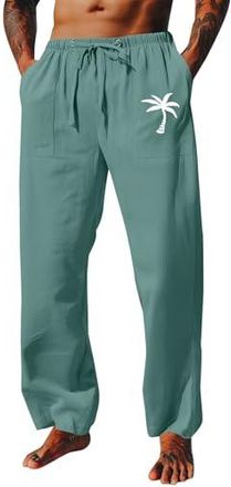 Generic Pantalon d&eacute;t&eacute; en lin respirant pour homme - Pantalon de plage blanc - Coupe ajust&eacute;e - Taille &eacute;lastique - Pantalon de jogging pour homme - Pantalon de 