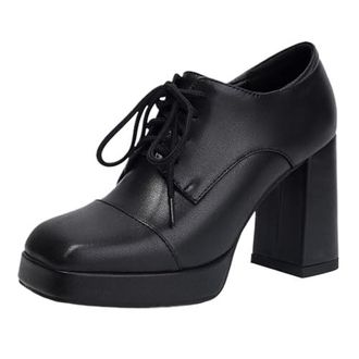 SJJH Chaussures &agrave; plateforme r&eacute;tro pour femme - Talon bloc de 9,5 cm - Chaussures &agrave; lacets avec embout carr&eacute; et plateau de 2 cm - Semelle antid&eacute;rapante pou