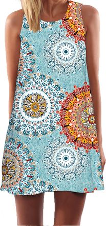 Ocean Plus Damen Sommer Mini &Auml;rmellos Bunt Tops Kleider Pfau Strandkleider Kurz A-Linie Kleid Ohne Arm Feizeitkleid (XXL (EU 42-44), Blaues Blumenrad)
