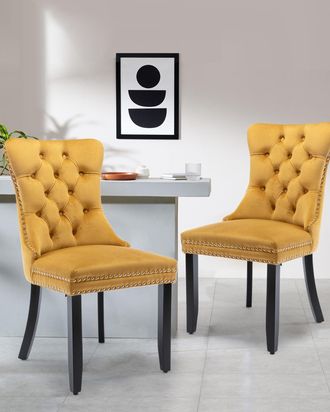 Generic Samtgepolstertes, Getuftetes Esszimmerstuhl-Set Mit Nagelkopfbesatz Und Beinen Aus Massivholz - Beige (für Esszimmer, Küche, Restaurant)(Gold,Set of 2