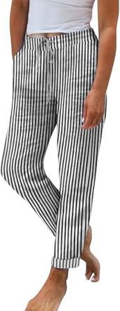 Generic Pantalon Fluide Femme Lin Large Elegant Pantalon Court en Coton et Lin &Agrave; Rayures pour Femme Ceinture &Eacute;lastique Haute Poches Boutons Lat&eacute;raux Vetement 