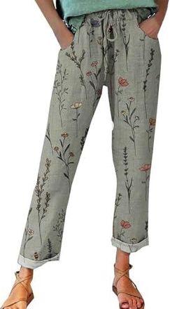 Generic Pantalon L&eacute;ger Femme Ete en Lin Taille Elastique Ceinture &Eacute;lastiqu&eacute;e Femme Taille Haute Poche Automne Lin Imprim&eacute; Pantalons D&eacute;contract&eacute;s Grande Pantal