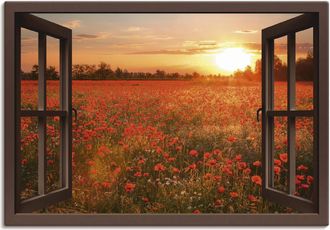 Artland Wanddeko Leinwand Bilder Wandbild 100x70 cm Fensterblick Fenster Natur Botanik Blumen Mohnblumen Sonnenuntergang T5ZN