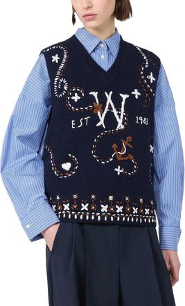 Max Mara Embroidered Virgin Wool Vest - Navy