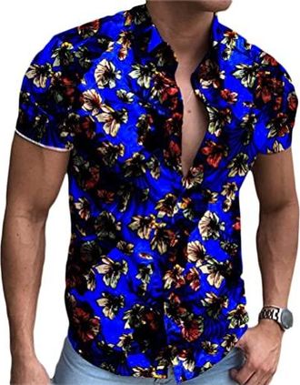 Onsoyours Hommes Chemise à Manches Courtes Slim Fit Grande Taille Hawaiian Shirt Fleurs Casual Ete Aloha Imprimé Chemise De Plage A Bleu XXL