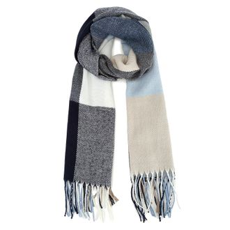 Miss Lulu Herrenschal kariert, Schottenkaro, weicher Wollschal für Winter, warm, mit Quasten, Größe L (Blau)