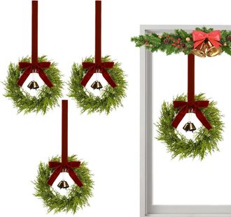 Generico Weihnachtskr&auml;nze f&uuml;r K&uuml;chenschr&auml;nke mit Band - 4 Mini-Farmkr&auml;nze mit Glocken Vintage | rustikale Weihnachtsdekoration f&uuml;r Schr&auml;nke, Regale, T&uuml;ren, Kam