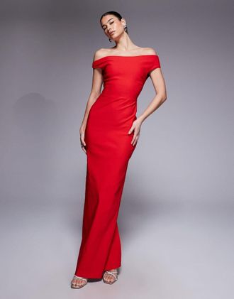 Vesper Schulterfreies Bengaline-Maxikleid in Rot