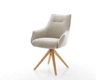 DELIFE Drehstuhl Alja-Flex mit Armlehnen Webstoff Soft Beige Holzgestell kantig Natur 180&deg; drehbar Taschenfederkern, Esszimmerst&uuml;hle
