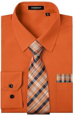 Hisdern Chemise Orange Homme Manches Longues Formelle Chemises Business avec Cravate Habillée Chemise Mariage Casual avec Poche Regular XXL