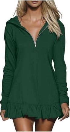 Generic Mini robe chandail &agrave; capuche avec fermeture &eacute;clair quart de col en V pour femme, style r&eacute;tro, surdimensionn&eacute;, ourlet &agrave; volants, tendance, d&eacute;contract&eacute;,