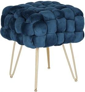 Vente-Unique Tabouret Bas en Velours et m&eacute;tal dor&eacute; - Bleu - ESMEA