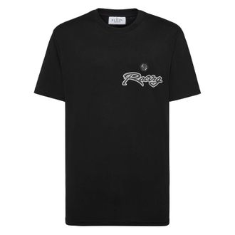 Philipp Plein Homme, Tops, Noir, Taille: XS T-shirt Col Rond MC Rayures Hexagone