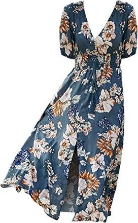 Generic Robe longue pour femme - Imprimé floral - Col en V - Mode vacances - Robe à manches moyennes, bleu, S