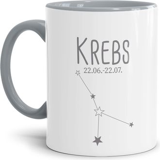 Tassendruck Tasse mit Sternzeichen Krebs - Sternbild Kaffeetasse mit Spruch - Geschenk zum Geburtstag, Horoskop, Astronomie - Keramik Innen & Henkel Grau, 300 ml 