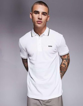 HUGO BOSS Paddy - Polo en piqué avec logo et liserés - Blanc