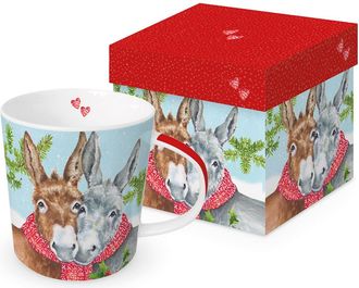ppd Weihnachts-Kaffeebecher Set, Winterliche Esel Design, Porzellan Tassen mit Geschenkbox, Rot und Blau, 2 St&uuml;ck