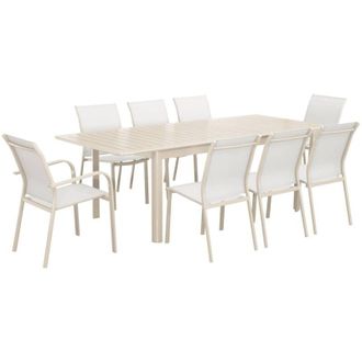 Sweeek Sweeek - Ensemble table et chaises de jardin extensible 8 places - Aluminium et textil&egrave;ne beige - Chaises et fauteuils empilables - Pieds ajustables