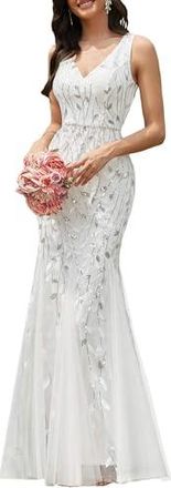 Ever-pretty Robe de Soir&eacute;e Mariage sans Manche &Eacute;l&eacute;gante &agrave; Paillettes Sir&egrave;ne Femme Longue Blanc 42