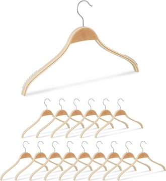 Relaxdays Kleiderbügel Holz, 16er Set, B: 42 cm, rutschfeste Lamellen, drehbarer Haken, stabile Holzkleiderbügel, natur