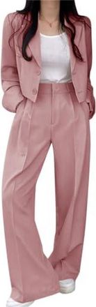 Minetom Tailleur Femme 2 Pièces Elegant Manche Longue Blazer Couleur Unie Veste Courte Formel Affaires Travail Pantalon Costume de Bureau Soiree B Rose S