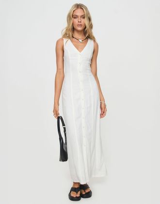 Princess Polly Summer Season - &Auml;rmelloses Maxikleid aus Leinenmix in Wei&szlig; mit V-Ausschnitt und durchgehender Knopfleiste
