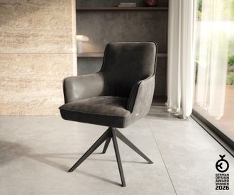 DELIFE Drehstuhl Heira-Flex mit Armlehnen Mikrofaser Anthrazit Vintage Kreuzgestell breit Schwarz 360&deg; drehbar Taschenfederkern, Esszimmerst&uuml;hle