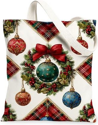 Generic Sacs fourre-tout en toile de No&euml;l, motif ornement de vacances, sacs r&eacute;utilisables, vintage, l&eacute;gers et lavables avec bandouli&egrave;re en toile pour cadeaux 