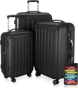 HAUPTSTADTKOFFER Spree - 3er Koffer-Set + Kofferanhänger - Handgepäck 55 cm, mittelgroßer Koffer 65 cm, großer Reisekoffer 75 cm, TSA, 4 Rollen, Schwarz