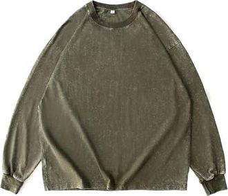 Generic T-shirt pour homme en pur coton couleur unie ample &agrave; manches longues col rond avec base, sweat &agrave; capuche fin, vert, 3XL