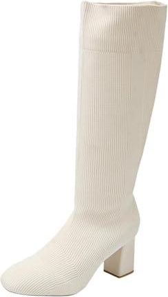 Generic Bottes mi-mollet en tricot extensible pour femme - &Eacute;l&eacute;gantes - Couleur unie - Respirantes - Talon &eacute;pais - Confortables - Chaudes - &Agrave; enfiler, beige, 3
