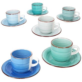 MamboCat 6er Set Blue Cappuccinotassen mit Untertassen I 200 ml I gro&szlig;e Tassen + Untertasse aus Steingut f&uuml;r 6 Personen mit verschiedenen Blaut&ouml;nen & Strudel-D
