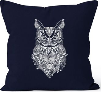 Autiga Kissenbezug Eule Atzekenmuster Ethno Boho Bohamian Atzec Owl geometrisch Kissen-H&uuml;lle Deko-Kissen 40x40 Baumwolle Navy 40cm x 40cm