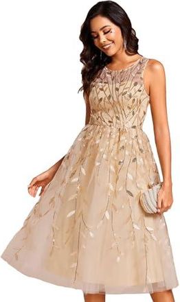 Ever-pretty Robe Cocktail Femme Mariage Col Rond sans Manches Paillettes Tulle pour Bal Soirée Or 36