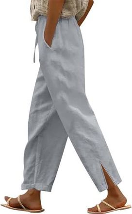 Generic Pantalon d&eacute;t&eacute; 7/8 pour femme - L&eacute;ger - Avec cordon de serrage et poches - Pantalon en coton et lin - Pantalon &eacute;l&eacute;gant et a&eacute;r&eacute; - D&eacute;contract&eacute; - Conforta